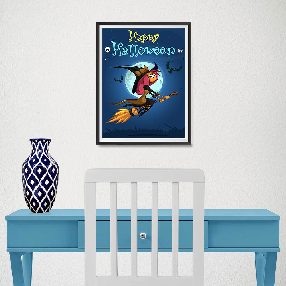Happy Flying Young Witch Retro Travel Poster - EzPosterPrints.com