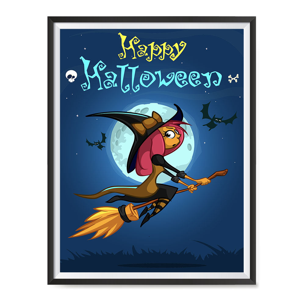Happy Flying Young Witch Retro Travel Poster - EzPosterPrints.com