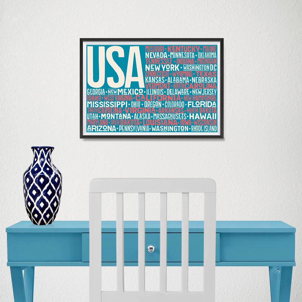 USA Text Flag of The US with State Names on Blue and Red Poster ...